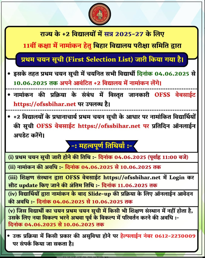 11th Admission Merit List 2025 Download Link @ofssbihar.net: OFSS Bihar ...